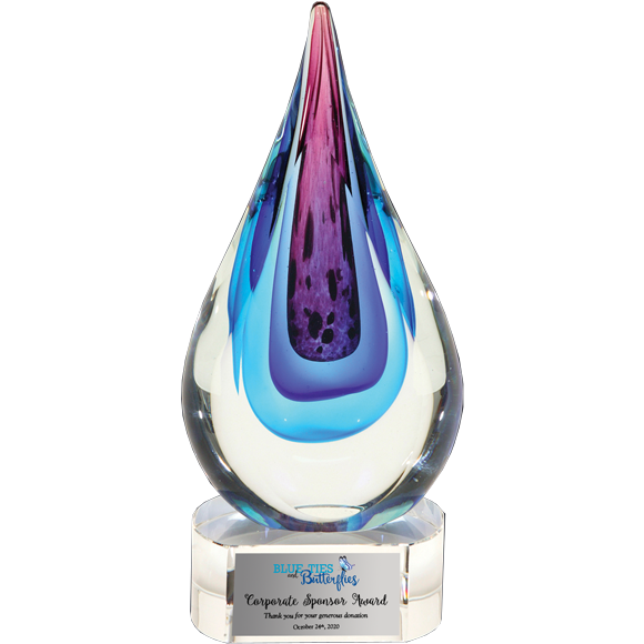 Blue Water Art Glass Award | Etched Raindrop Art Trophy | Paradise Awards
