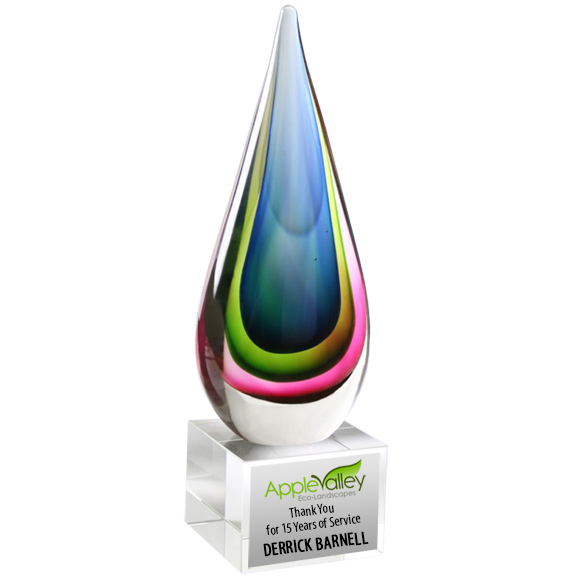 Blue & Green Teardrop Artglass Award | Engraved Blue Art Glass Statue ...