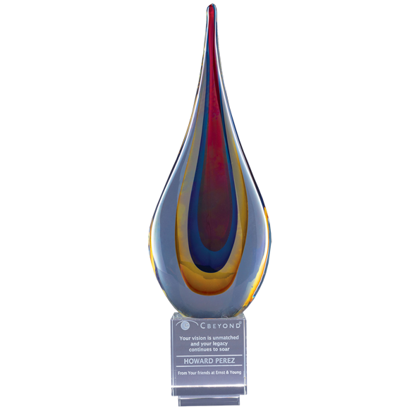 Flaming Art Glass Award | Etched Glass Raindrop Trophy | Paradise Awards