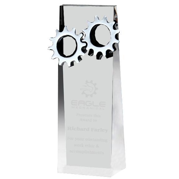 Crystal Wedge Gears Award | Etched Glass Wedge Trophy | Paradise Awards