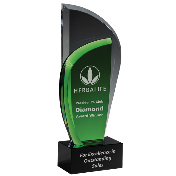 Green Leaf Crystal Award | Etched Glass Leaf Trophy | Paradise Awards