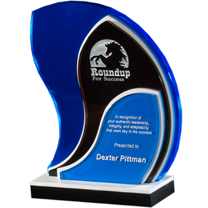 Blue Tidal Wave Crystal Award | Etched Glass Curve Trophy | Paradise Awards