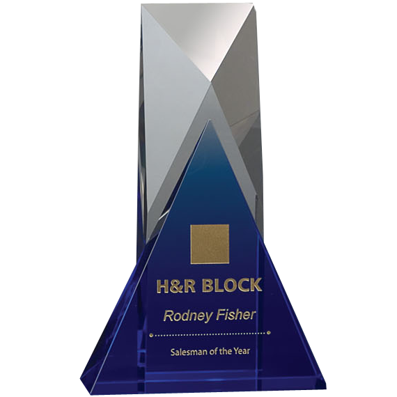 Blue Crystal Triangle Tower | Etched Glass Tower Trophy | Paradise Awards