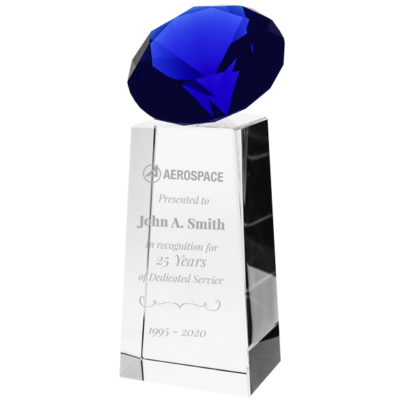 Blue Slanted Diamond Crystal Award | Engraved Glass Blue Diamond Statue ...